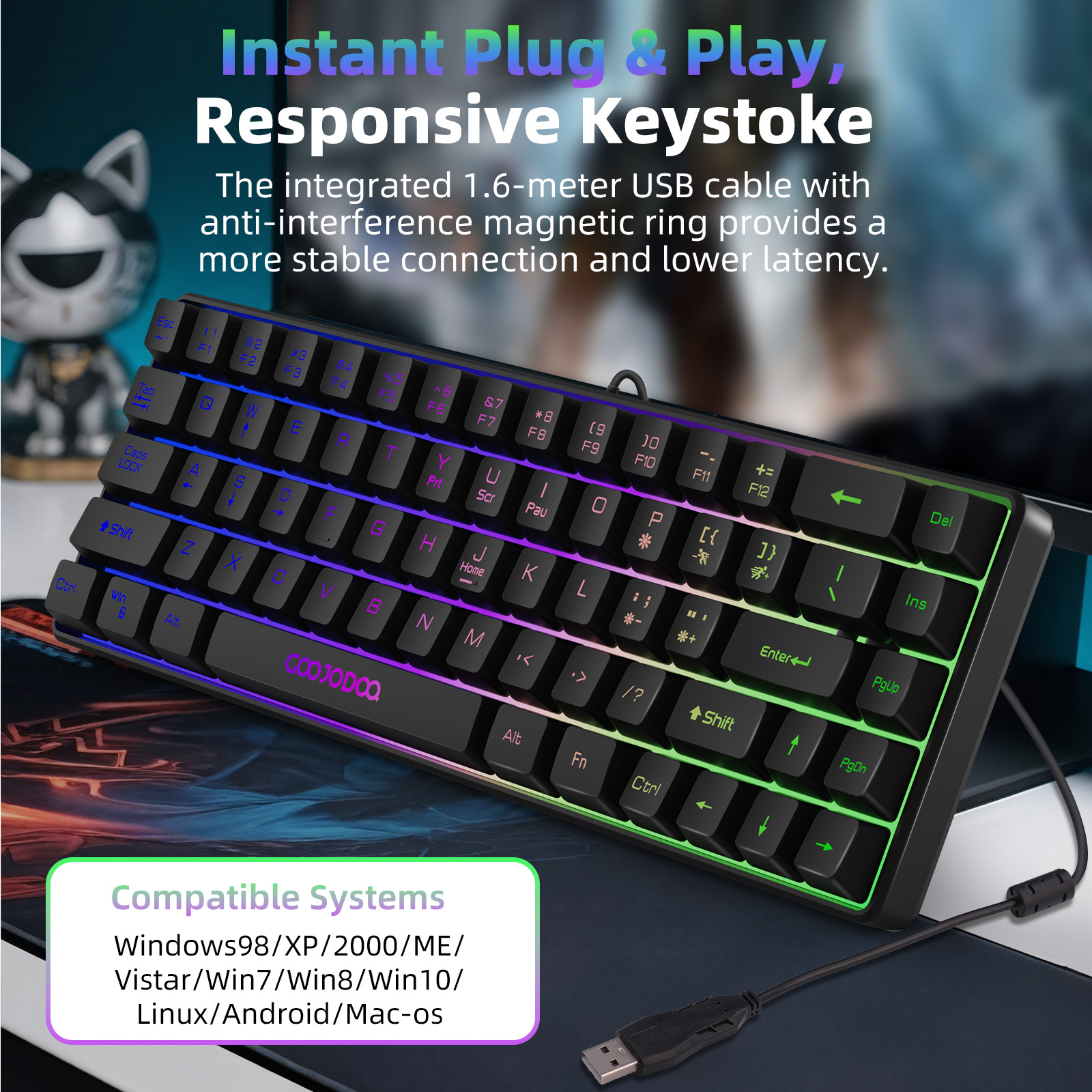 GOOJODOQ Wired Keyboard 68 Key Anti-slip Stablize Ergonomic Support ...