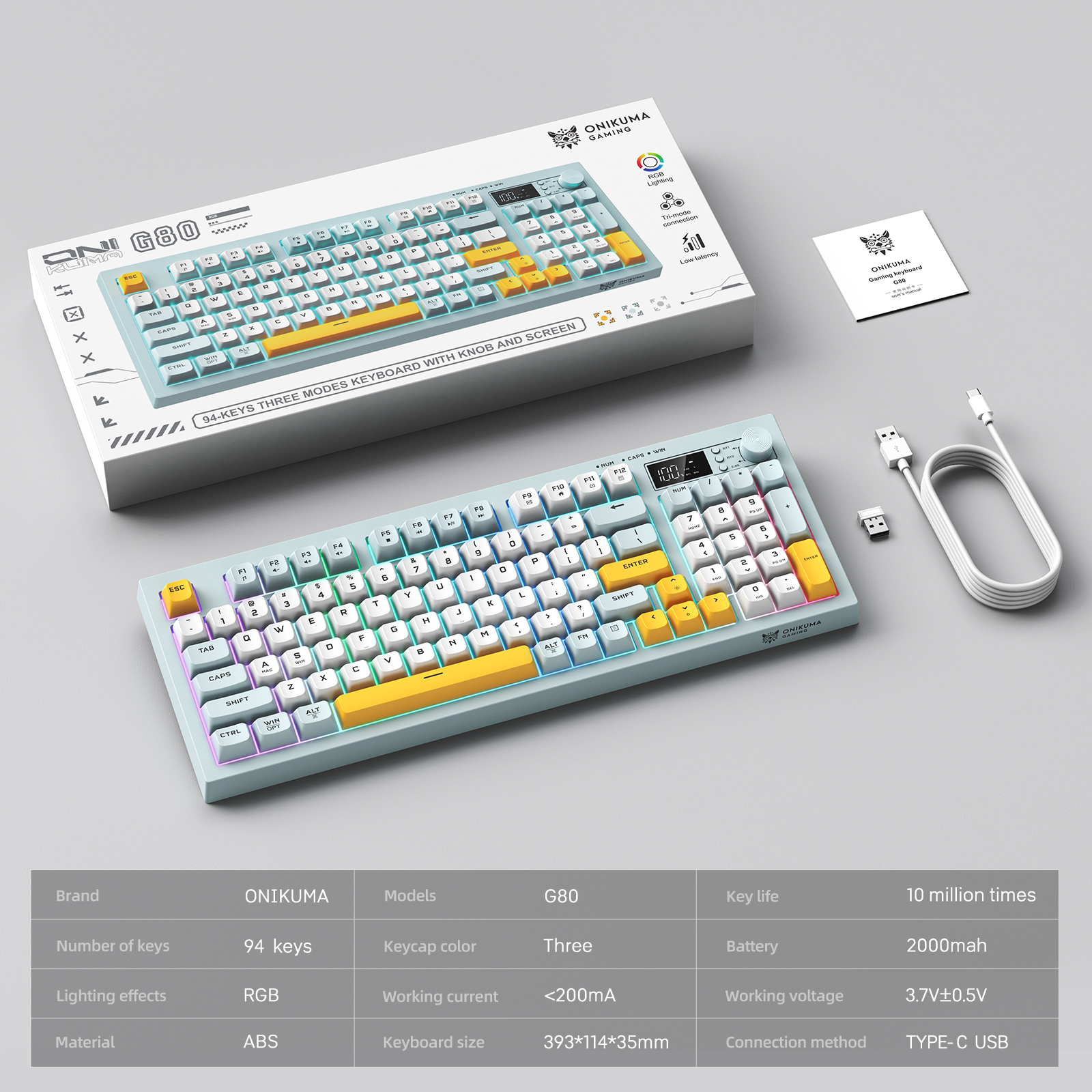 ONIKUMA G80 Mechanical Gaming Keyboard 94Keys Three-Mode Wireless/Wired ...