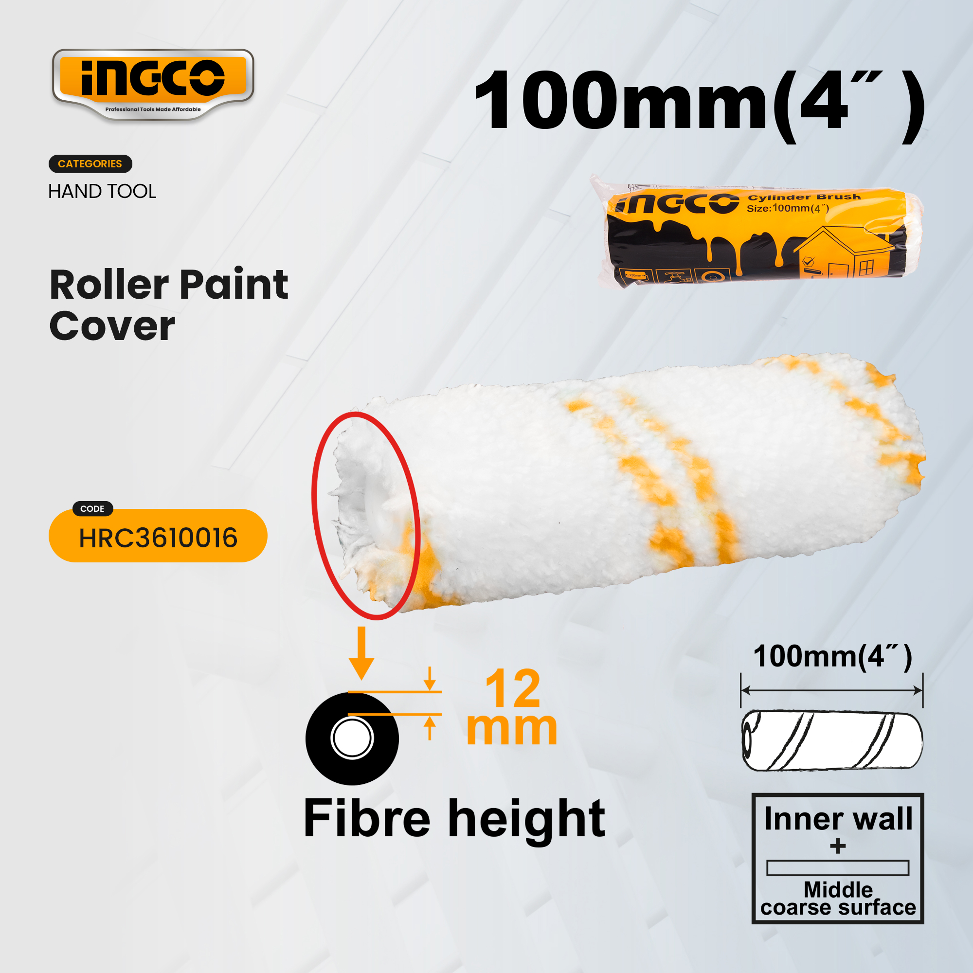 Ingco 4" Cylinder Roller Paint Brush Set With Reusable Handle IHT ...