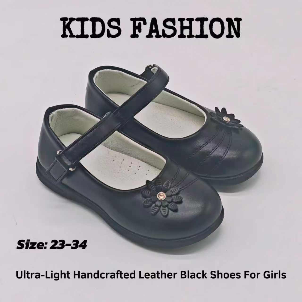Girls’ Heart Design Black School Shoes Lightweight Leather Mary Jane ...