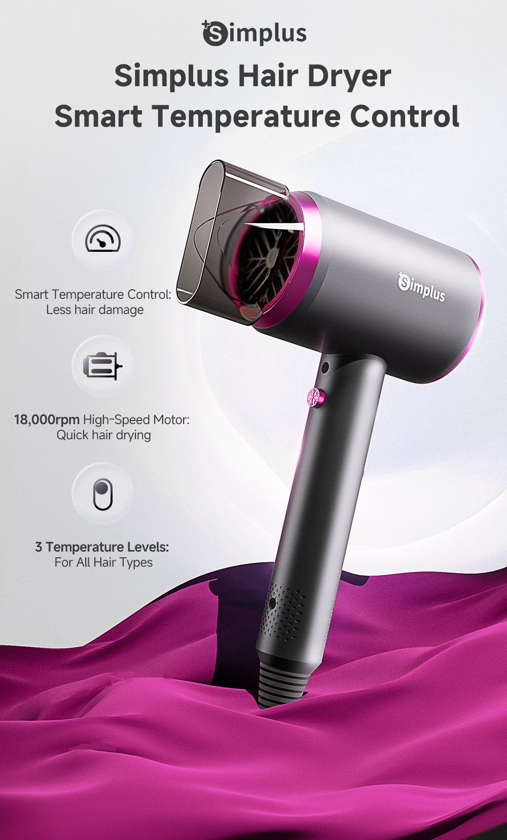 SimplusPink Professional Hair Dryer – 1250W High Speed 18000rpm, 3 ...