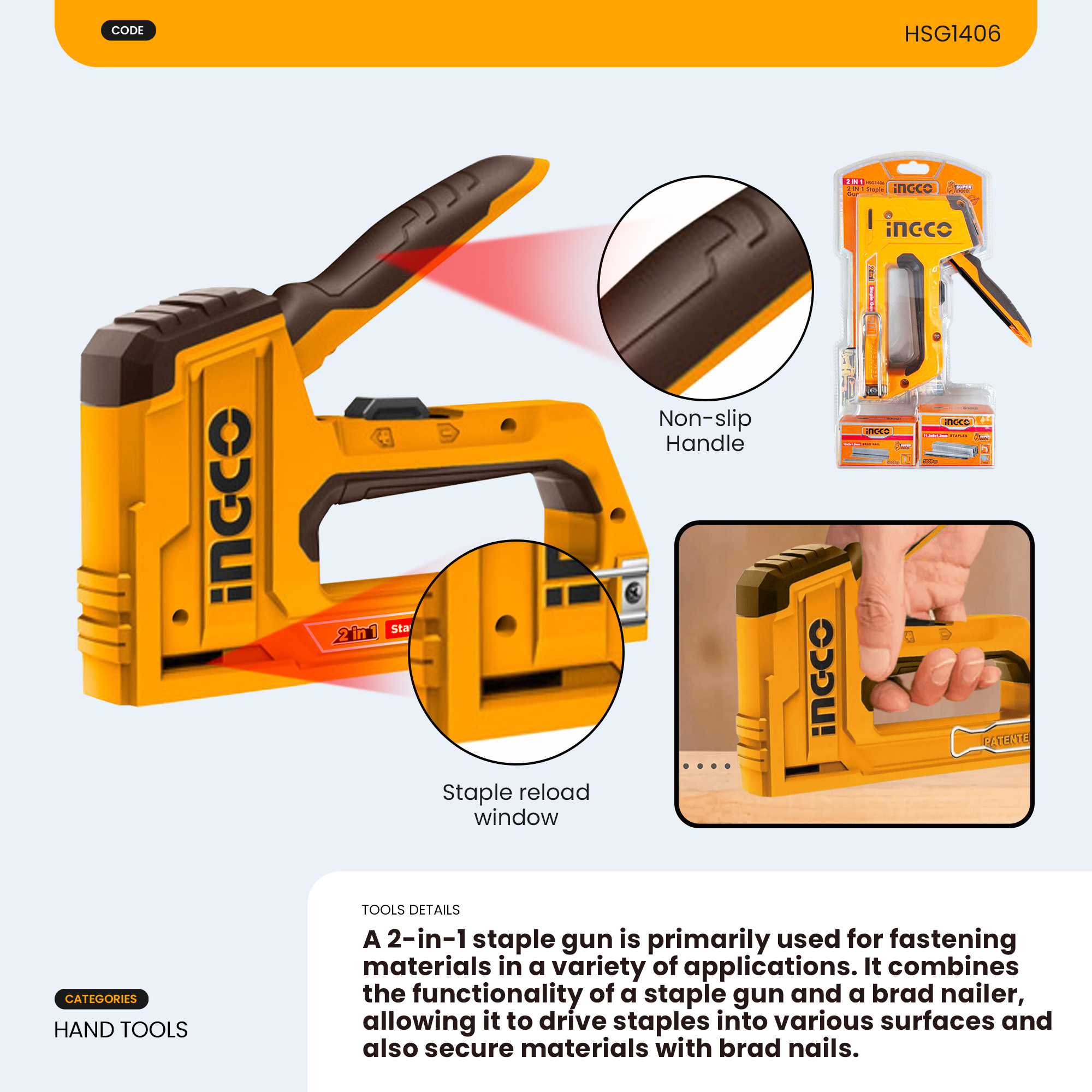 INGCO 2 in 1 Super Select Staple Gun Tacker Tucker with Staple and Brad ...