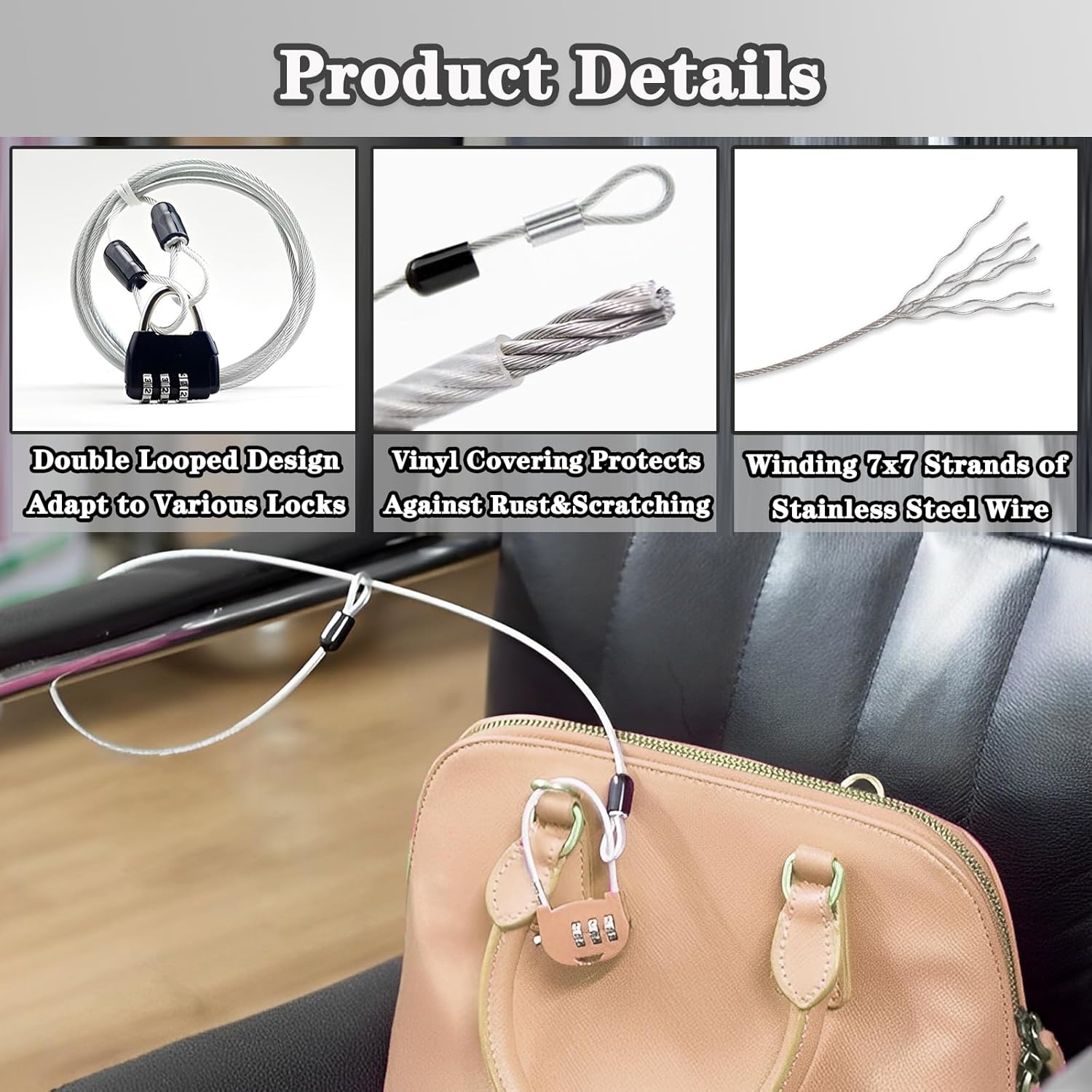【2m】Safety Steel Cable, Locking Cable, Double-Loop Braided Steel ...