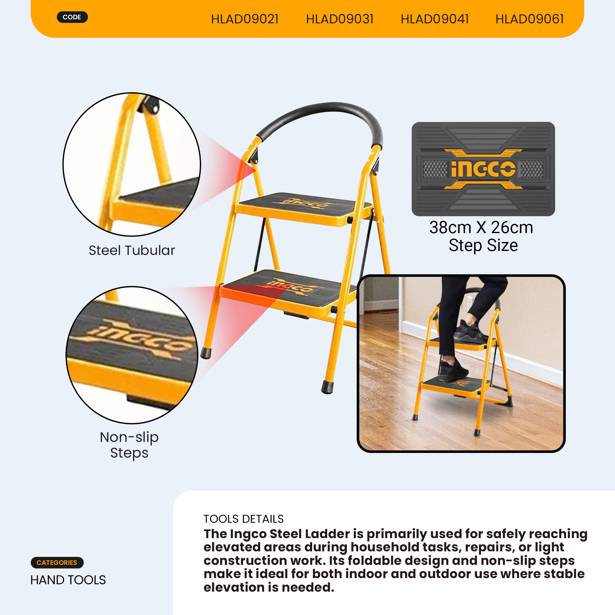 Ingco Multi-Step Steel Ladder 2/3/4/6 Steps 150kg Capacity, Anti-Slip ...