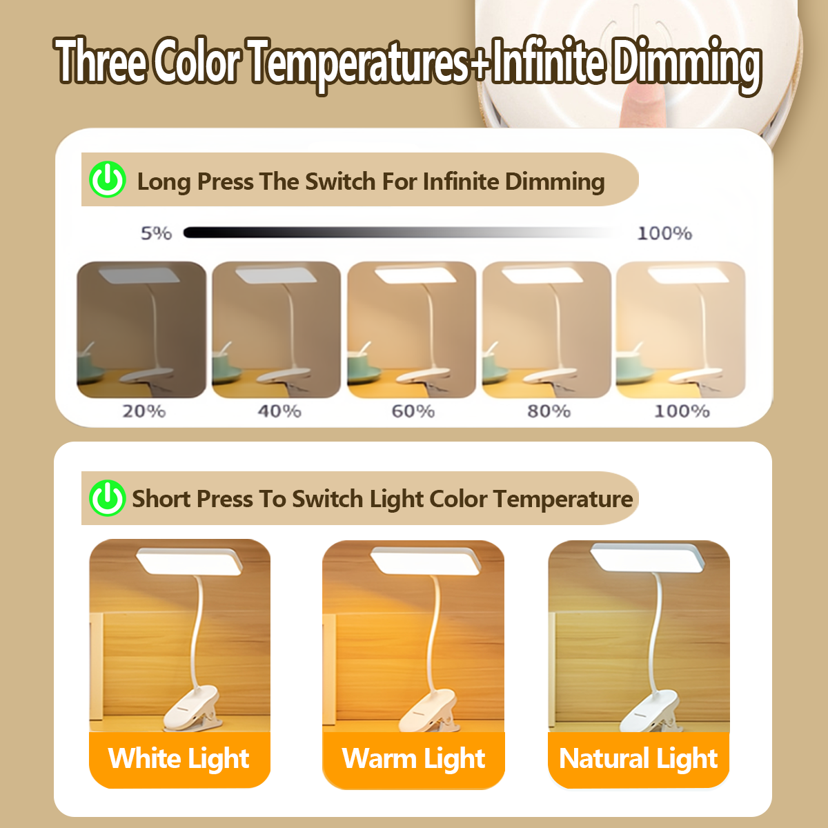 LED 3 Color Desk Lamp Rechargeable Study Light Dim Clip Table Light ...