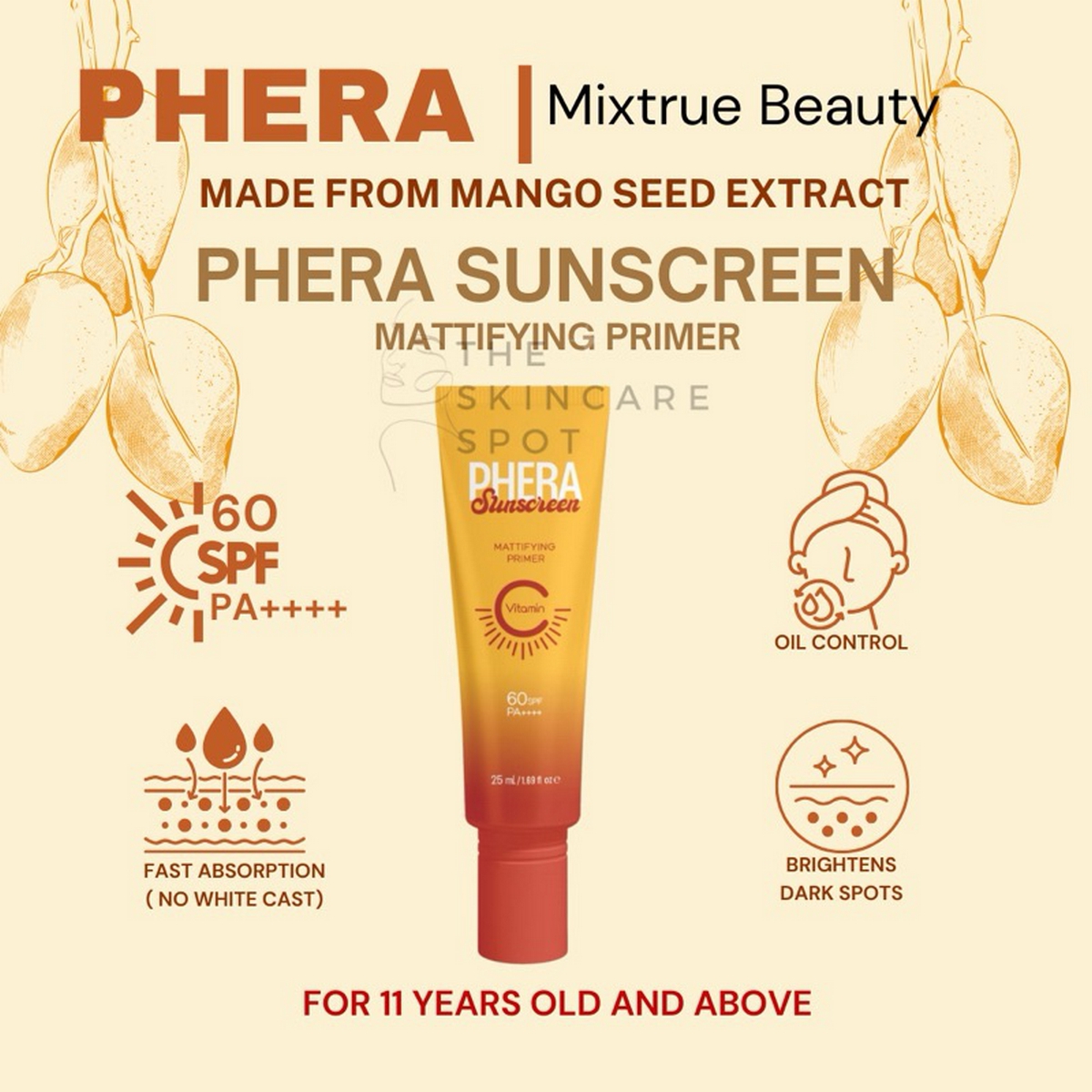 Phera Herbal Sunscreen SPF 60 (40ml) by Mixtrue Beauty; 2-in-1 Vitamin C Primer Sunscreen ...