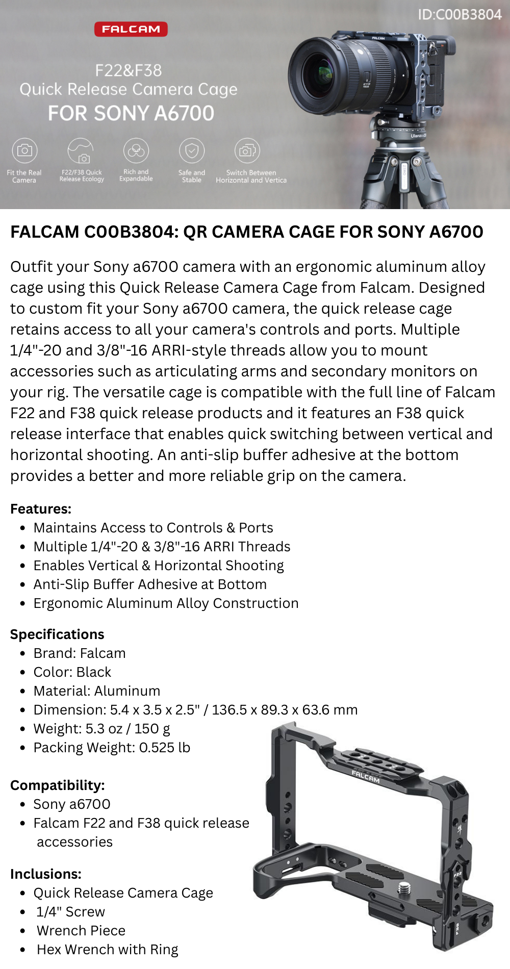 Falcam Quick Release Full Camera Cage L-Bracket Bottom Plate for Sony ...