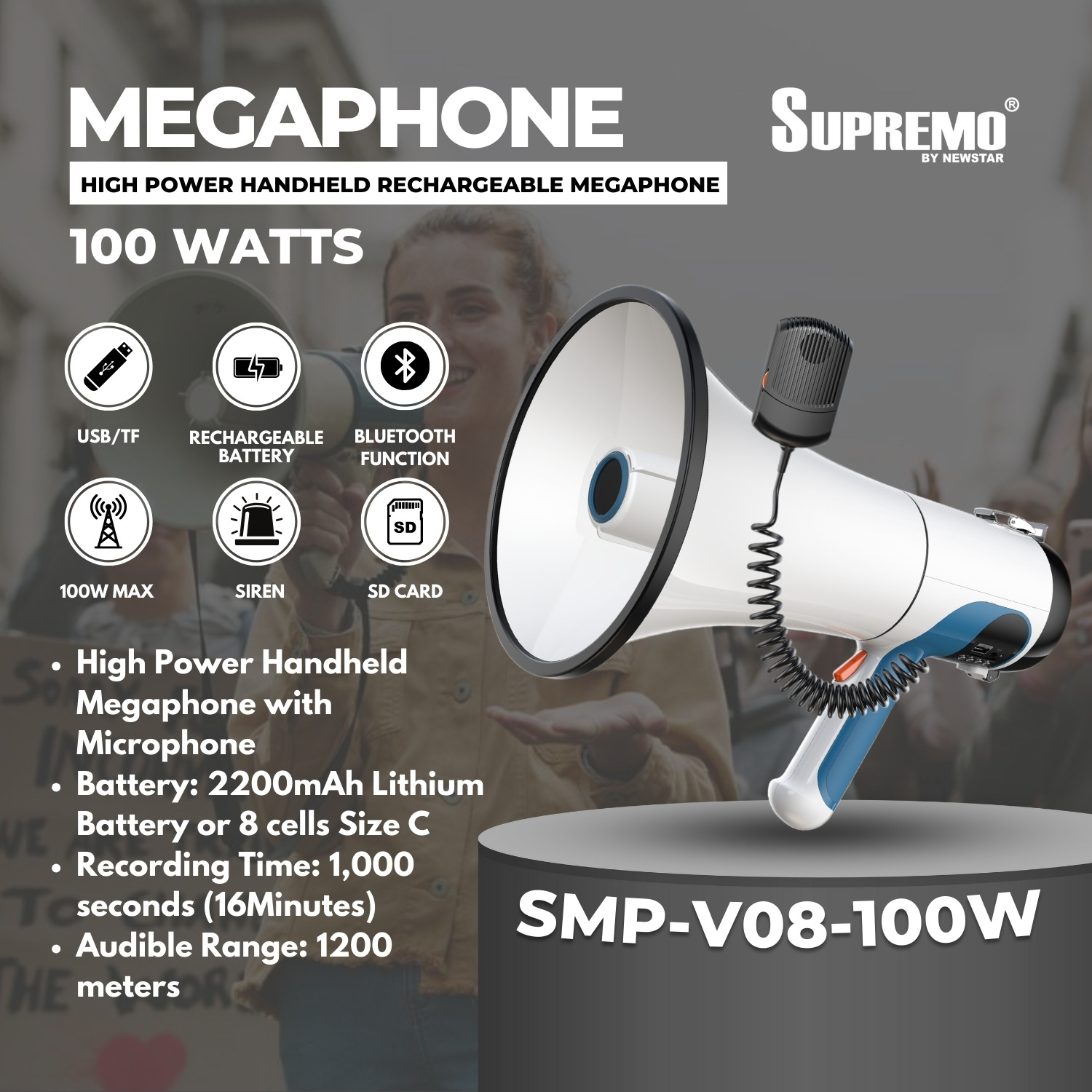 Supremo High Power Handheld Megaphone with Microphone 12V 100Watts SMP ...