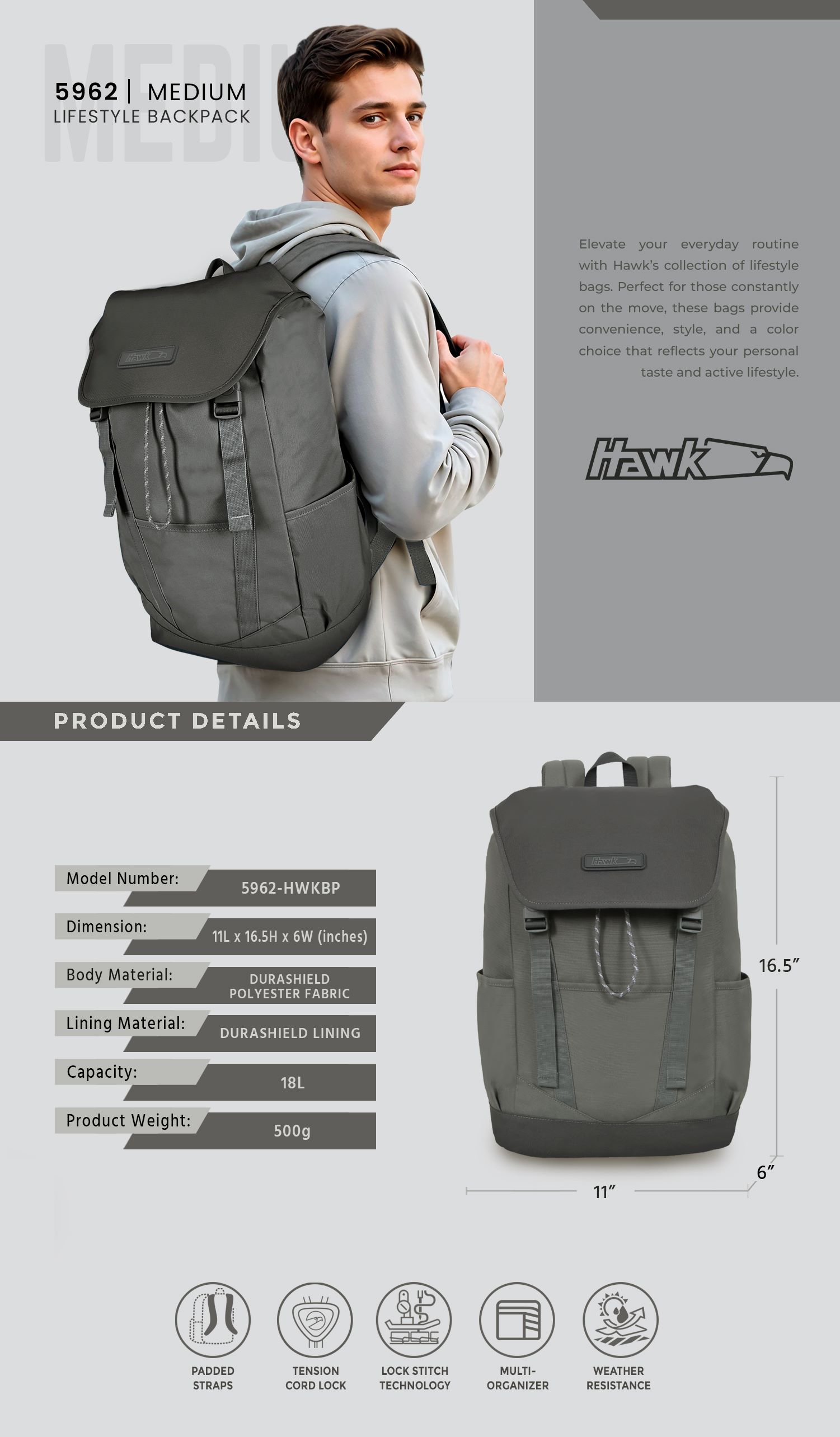 Hawk 5962 MEDIUM Monoflap Backpack | Shopee Philippines