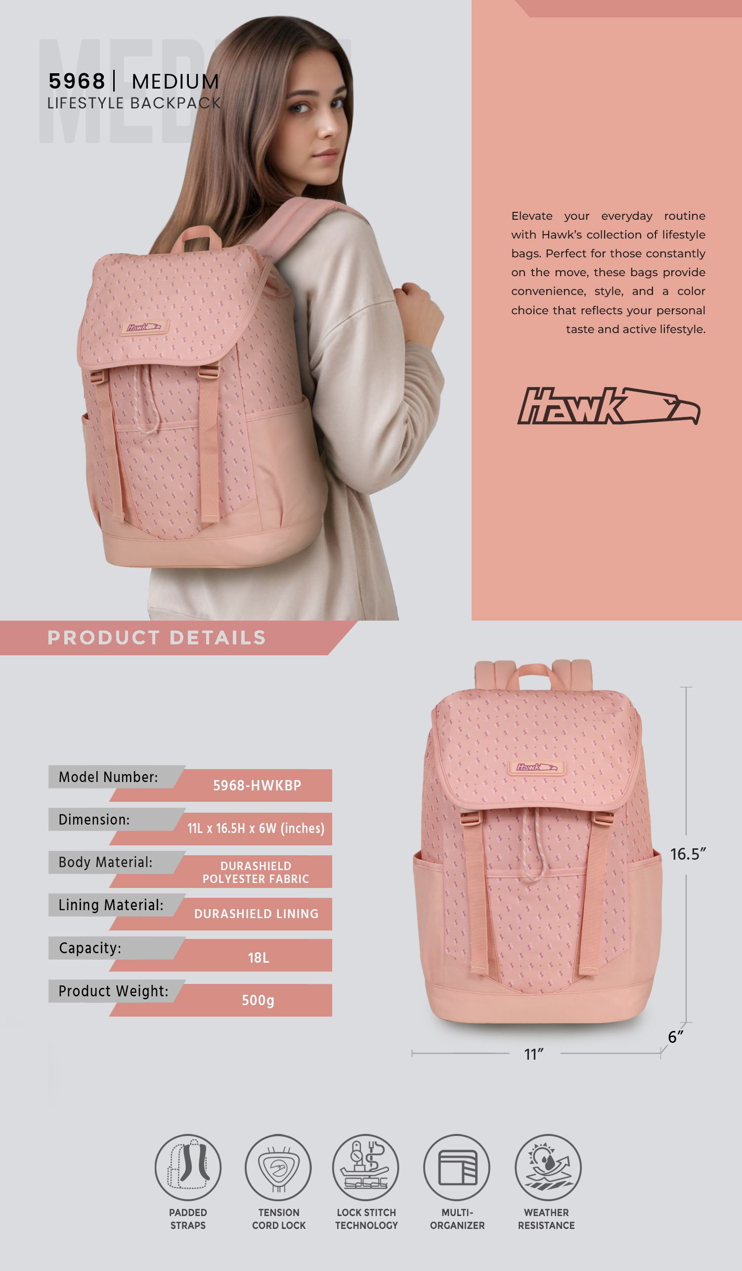 Hawk 5968 MEDIUM Lifestyle Backpack | Shopee Philippines
