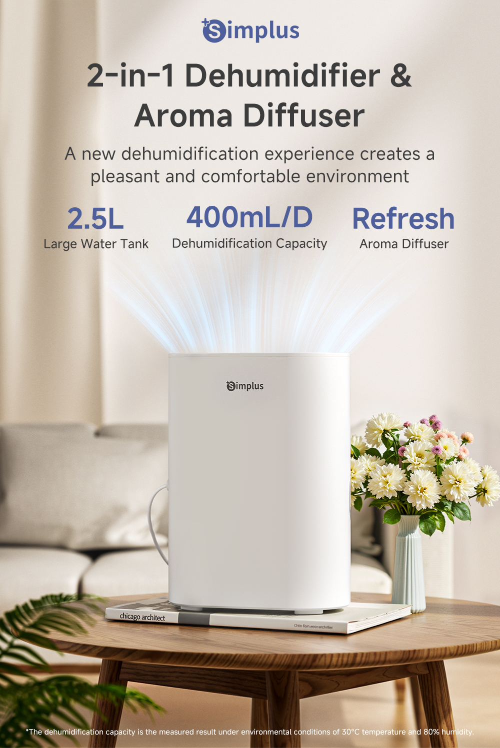 INSSA x Simplus Dehumidifier LiteDry One-click Dehumidification 2.5L Large Capacity Water Tank ...