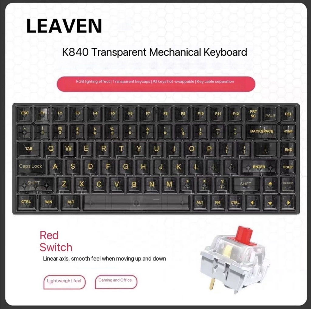 LEAVEN K840 Transparen Mechanical Keyboard Hot Swap 84 Keys Wired Gaming Keyboards With RGB ...