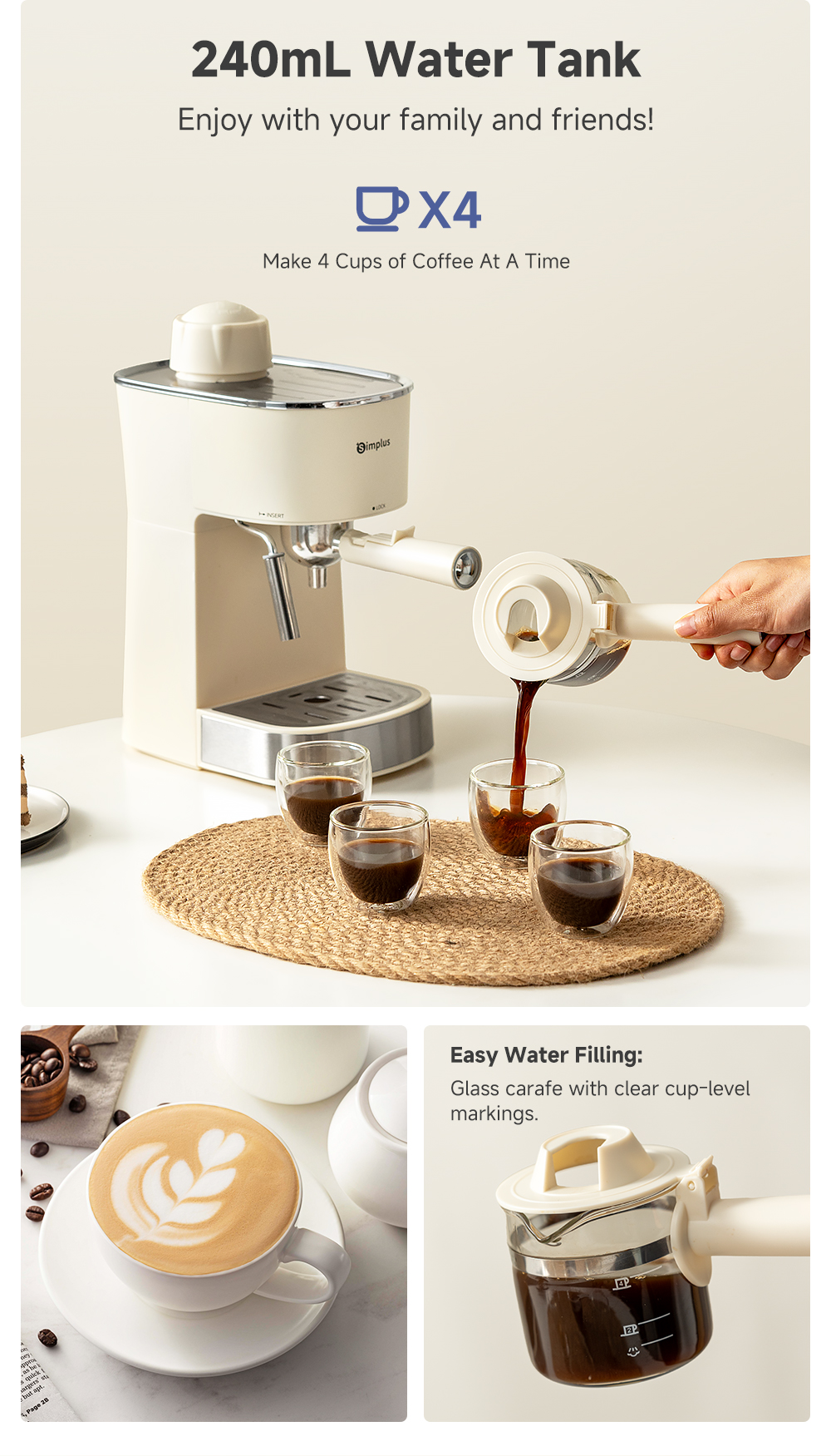 Simplus Coffee Machine Semi-Automatic Espresso Maker Steam Frothing ...