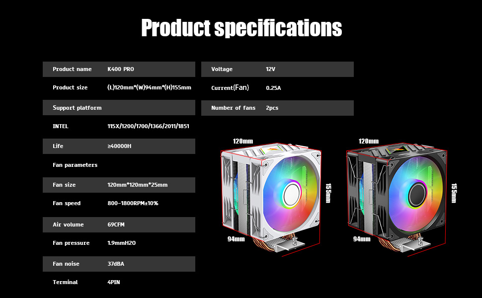 Jungle Leopard K400 PRO CPU Cooler PC Computer, 1800RPM Dual 120mm PWM ...