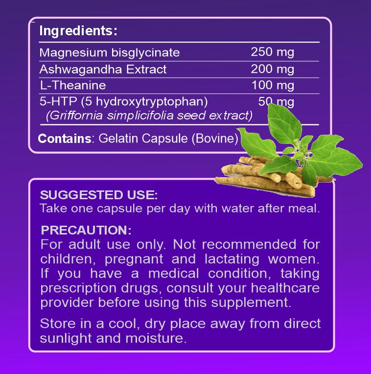 Stress Relief Magnesium Glycinate Ashwagandha 5HTP L-Theanine 60 ...