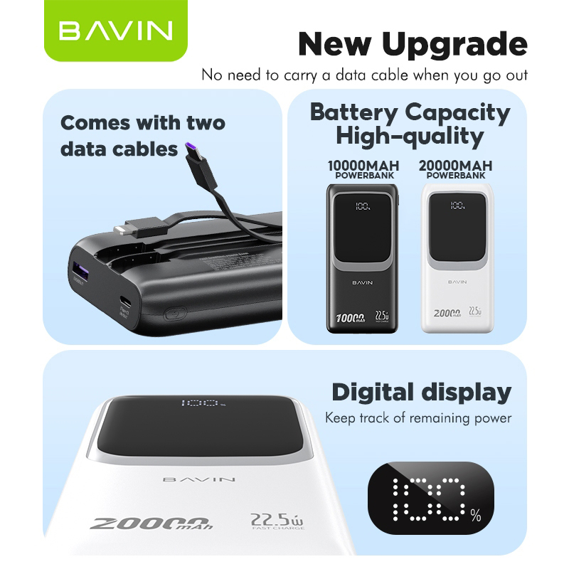 BAVIN PC1029 10000mAh / PC1030 20000mAh 22.5W Fast Charging Powerbank w/ Built-in Cable, LED ...