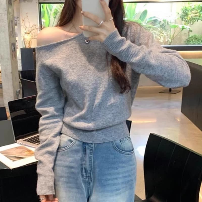 Slant Shoulder Knitted Top Women's New Style Knitted Sweater Loose And ...