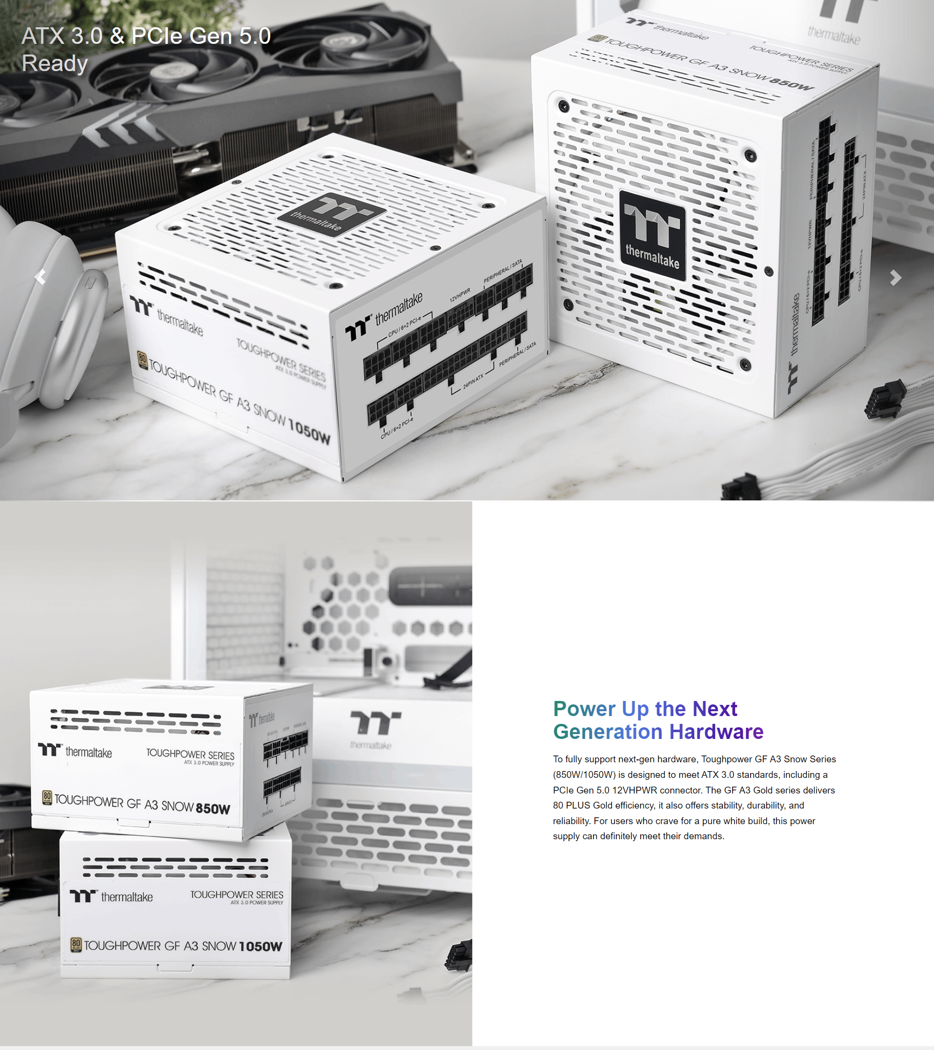 Thermaltake Toughpower GF A3 Snow 850W/1050W 80 Plus Gold TT Premium Edition PSU Power Supply ...