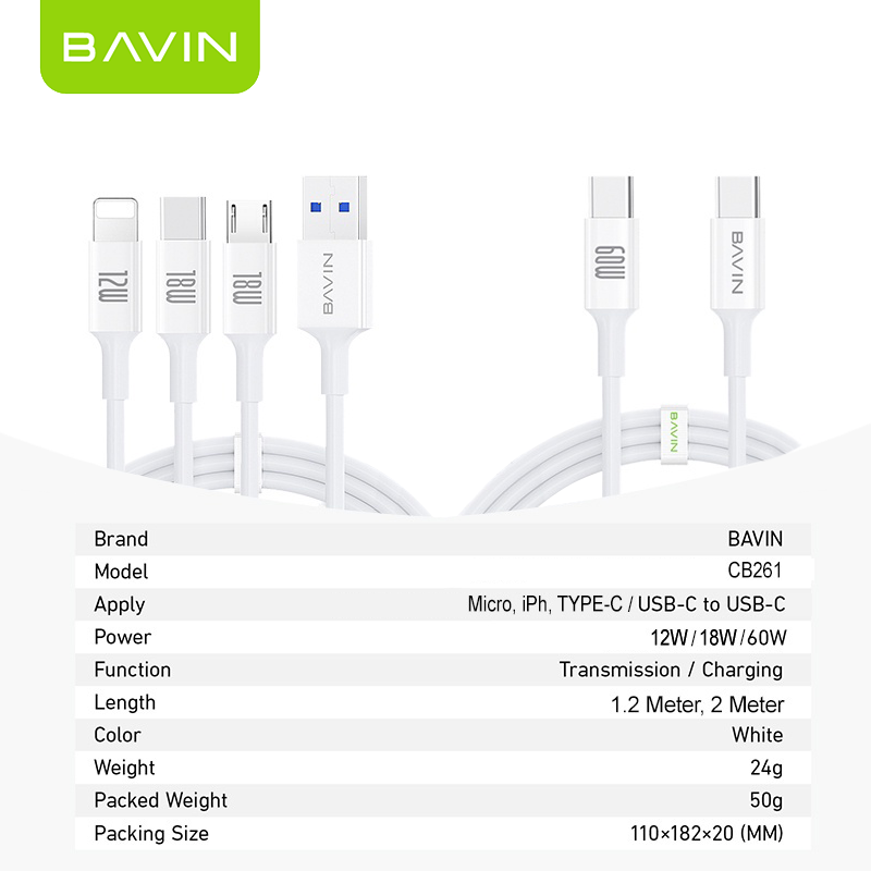 BAVIN CB261 60W 3A Fast Charging 1.2/2 Meter USB to Type-C Charging ...
