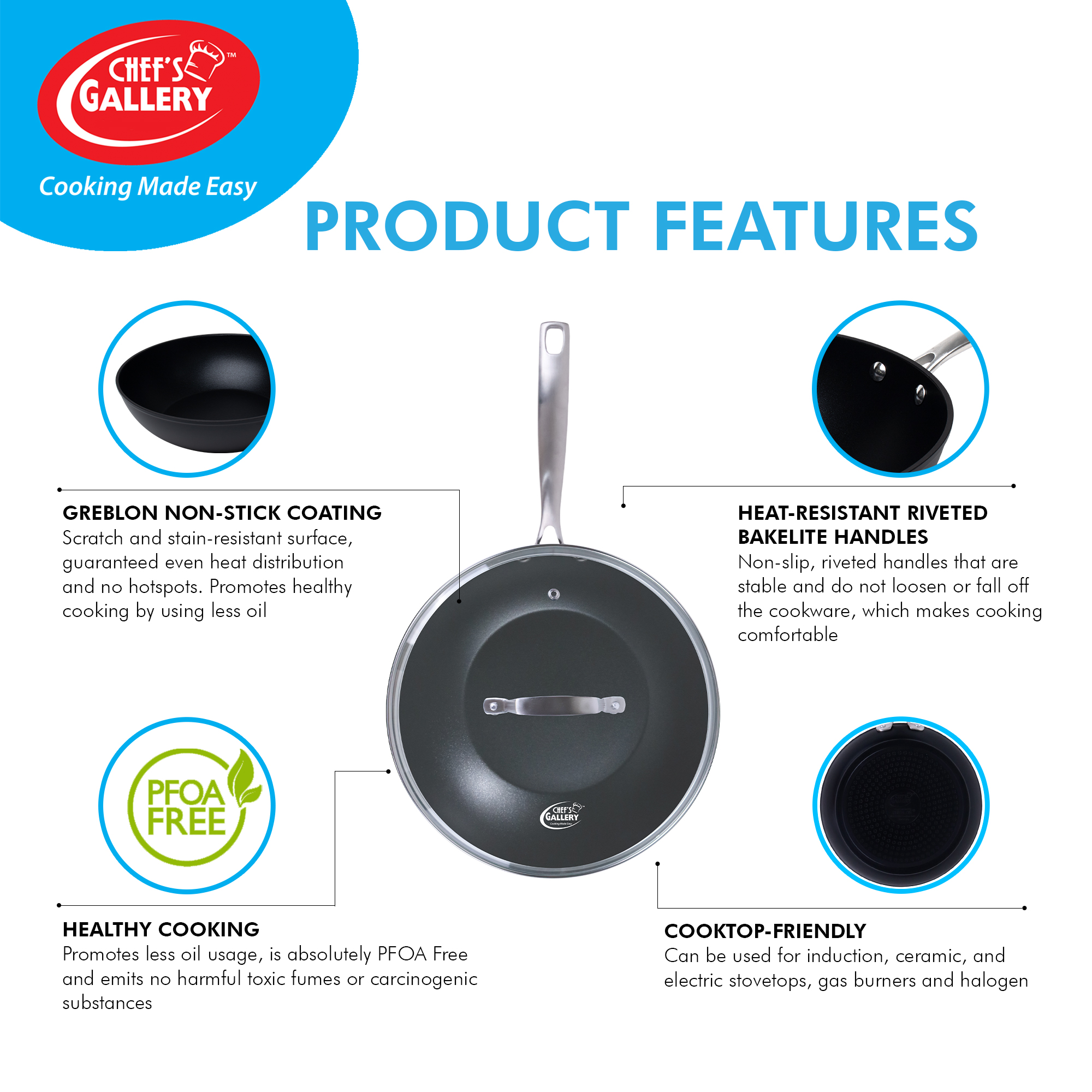 Chef's Gallery Greblon Non-Stick C2+ Noir Forged Wok Pan 28cm ...
