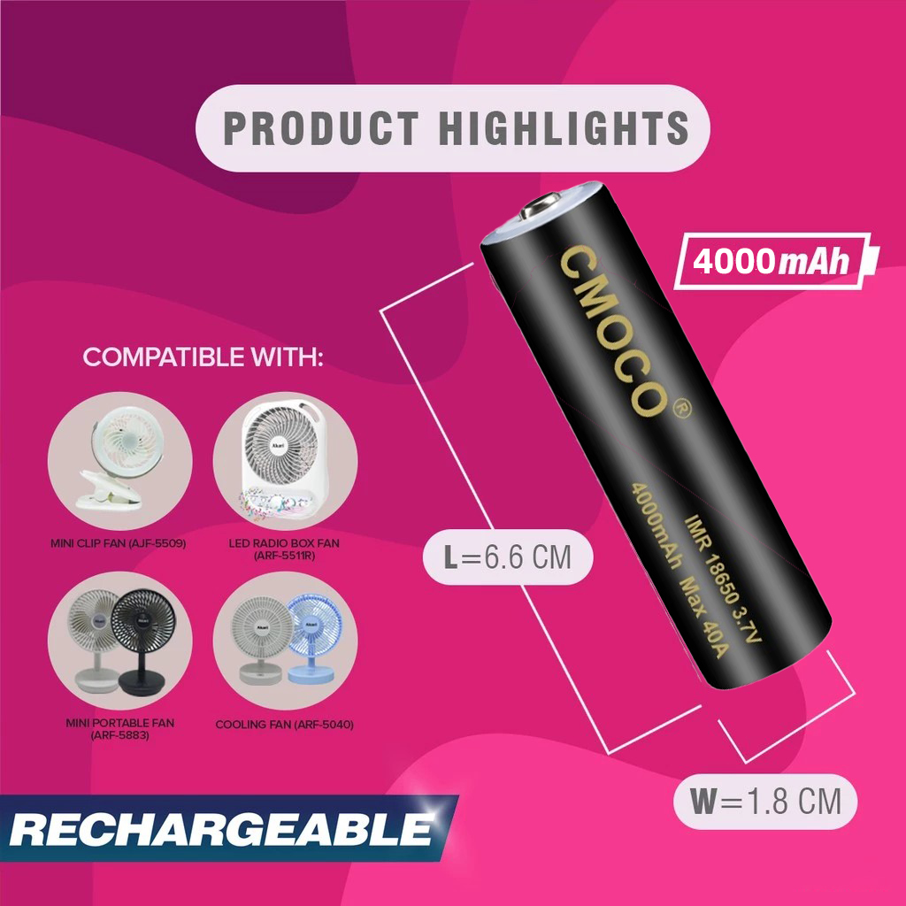 2PCS CMOCO for Akari Fan18650 Battery 3600mAh /4000mah Flashlight FAN ...