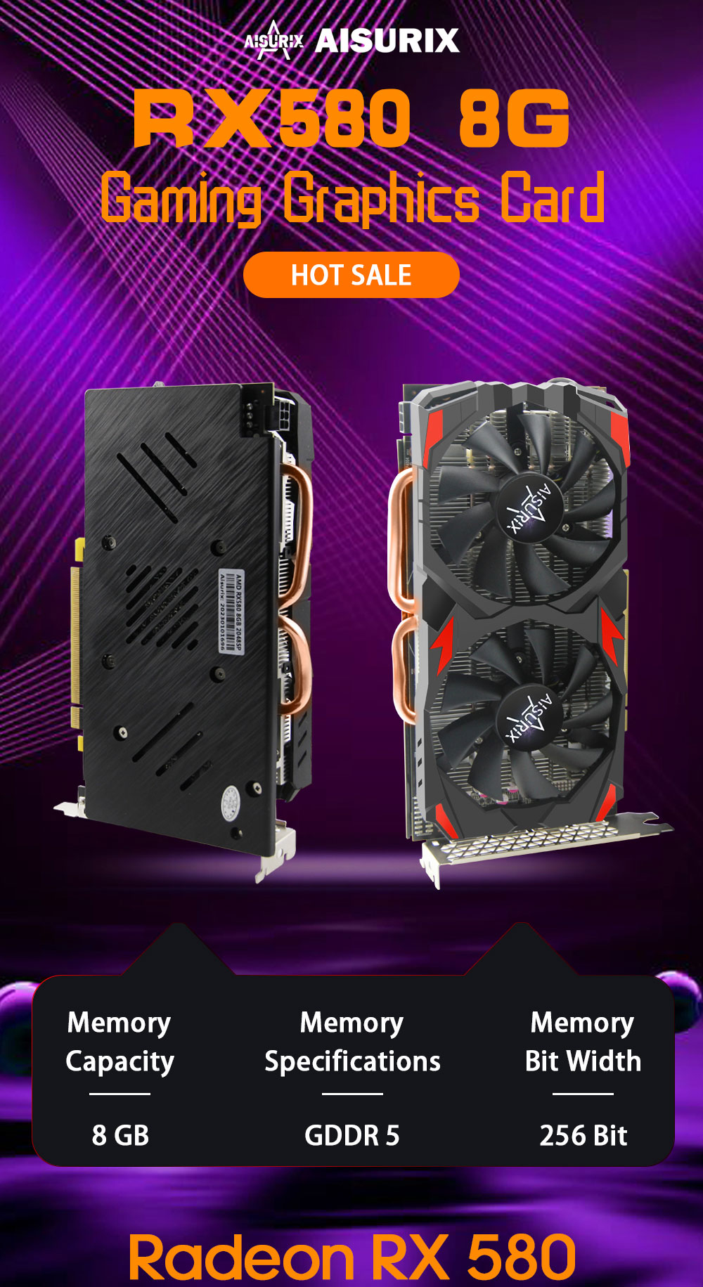 AISURIX RX580 8G Graphics Cards AMD GDDR5 GPU RX 580 8GB 256Bit 2048SP ...