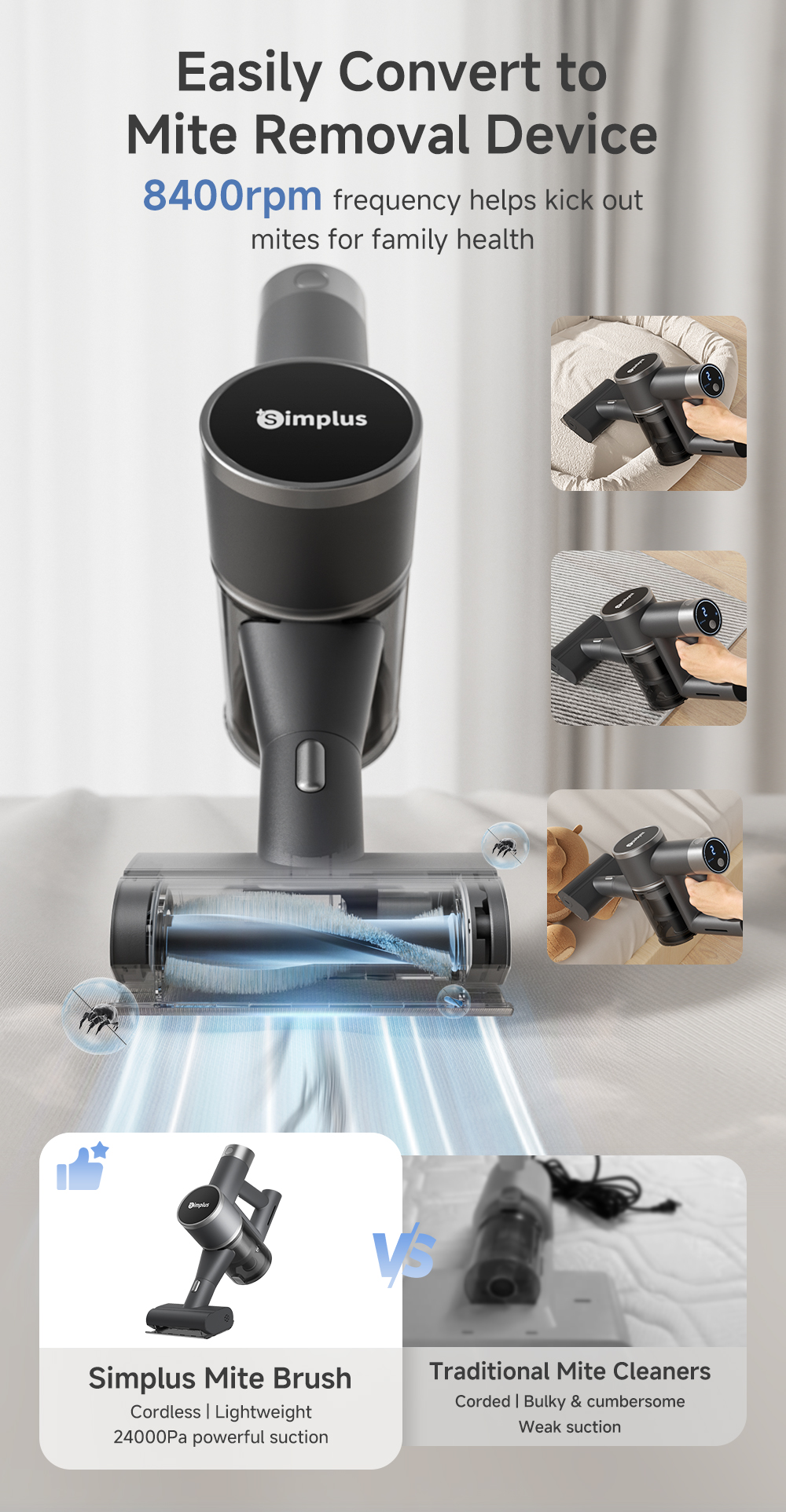 Simplus Cordless Vacuum Cleaner 24000Pa Bendable Design 6 Suction ...