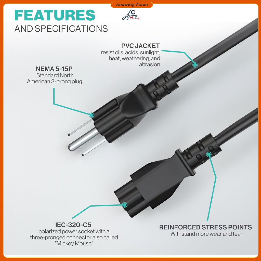 AC Power Cable C5 Universal 3 Prong AC Laptop Power Cord Charger Cable ...