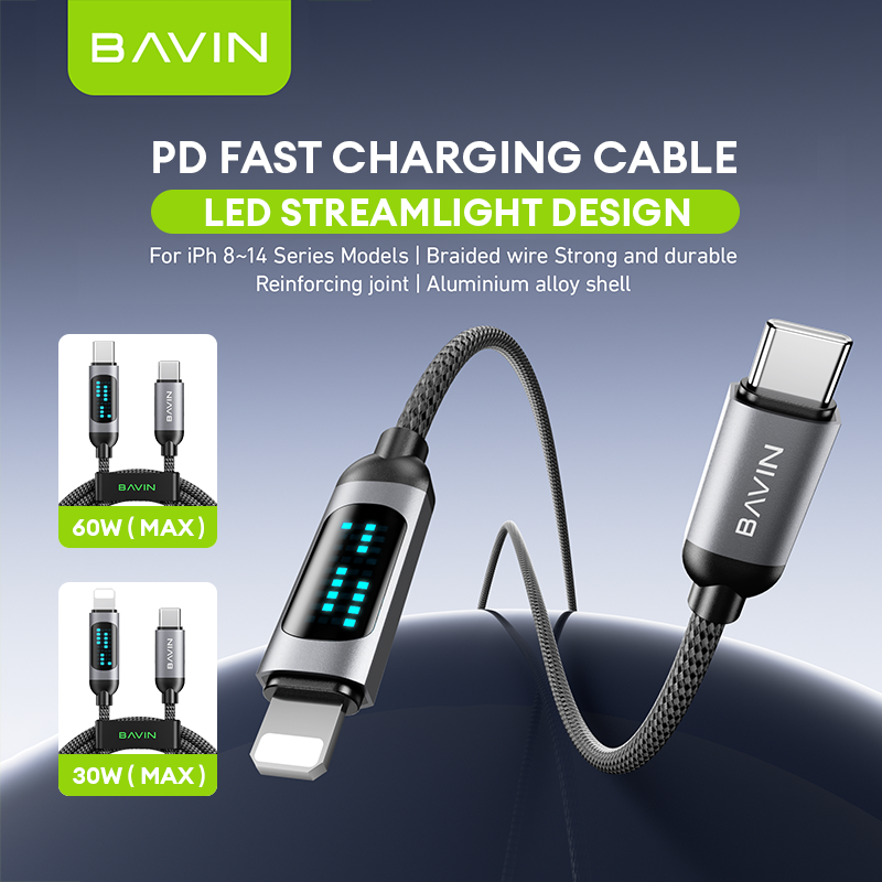 BAVIN CB377 30W / 60W PD Fast Charging Data Cable 1M w/ LED Display & Nylon Braided for Type-C ...
