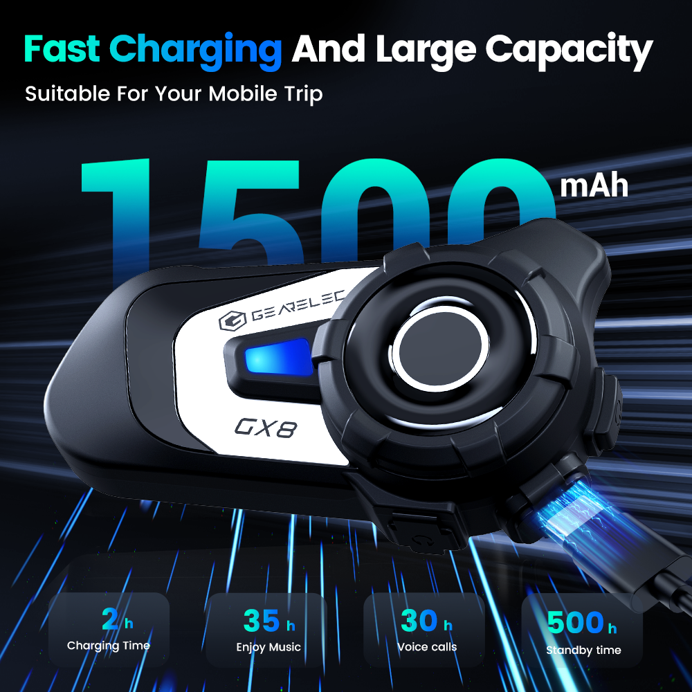 GEARELEC GX8 Motorcycle Intercom Helmet Headset Up to 8 Riders Group ...