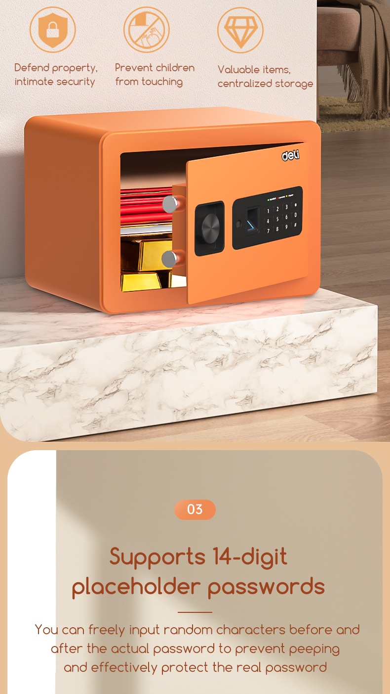Deli Fingerprint Safe Deposit Box Steel Orange Money Box With Lock And Key Electronic Safety ...