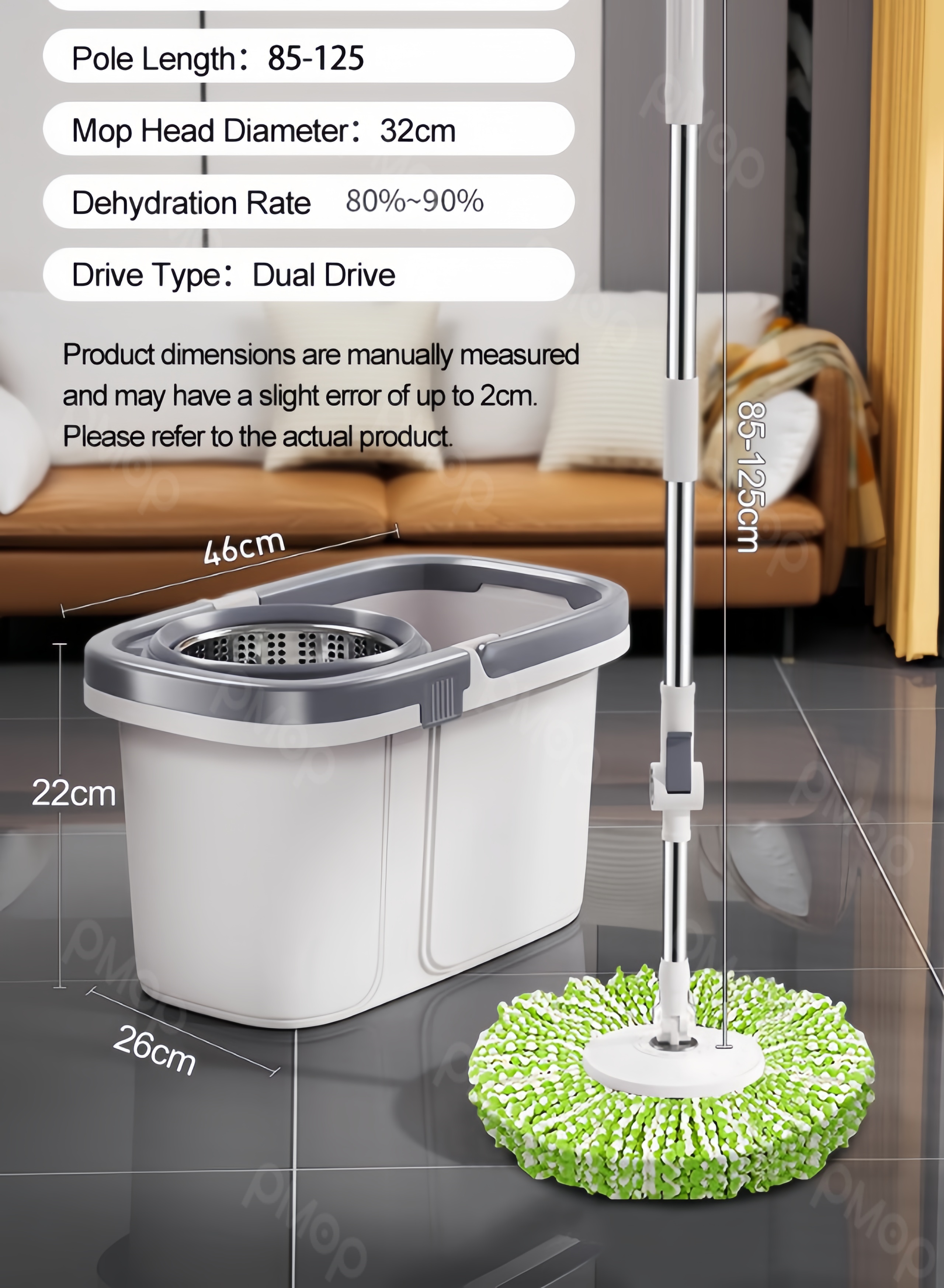 PMOP Mop With Spinner and Bucket Complete Set Stainless Steel rod Thick ...