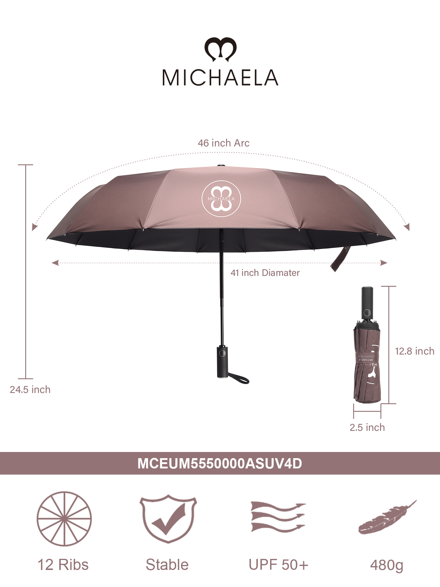 MICHAELA Windproof Automatic Umbrella Sturdy 12 Ribs Sun Rain Protect Folding Umbrella UM5551005 ...