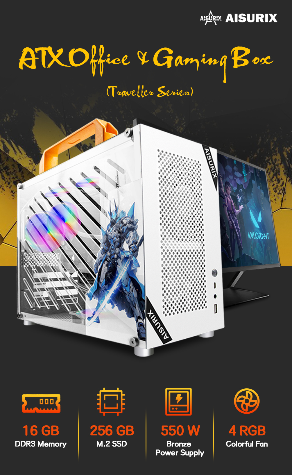 AISURIX ATX Gaming Desktop DDR3 16GB Memory RAM 256GB SSD 550W RGB Fan ...