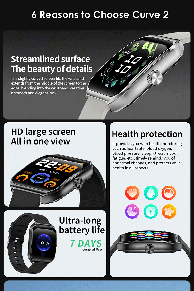 Aolon Curve 2 Smart Watch 100+ Sports Modes Heart Rate Running Pace ...