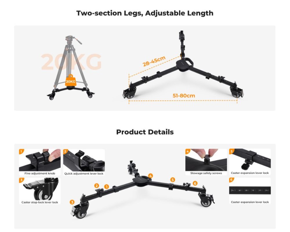 K&F Concept Heavy Duty Aluminum Alloy Universal Tripod Dolly 3 Wheel ...