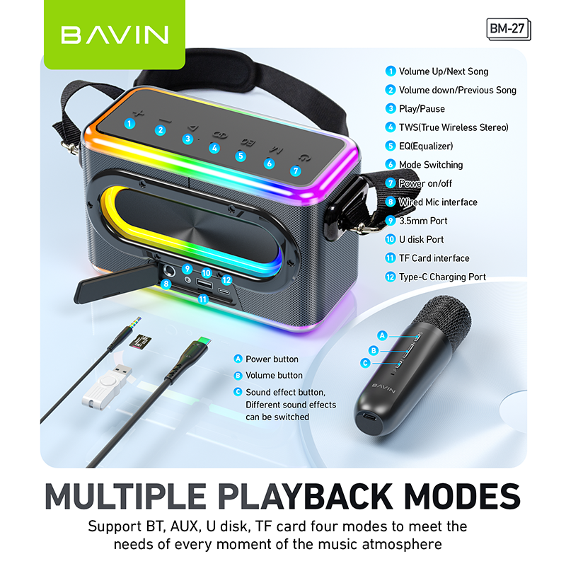 BAVIN BM27 Outdoor Bluetooth Speaker Portable Karaoke Machine w/ RGB ...