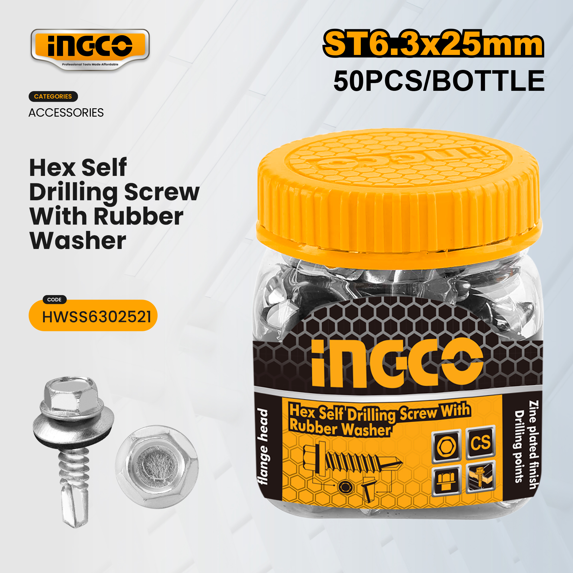 Ingco 50pcs Hex Self Drilling Screw with Rubber Washer Tek Screw ...