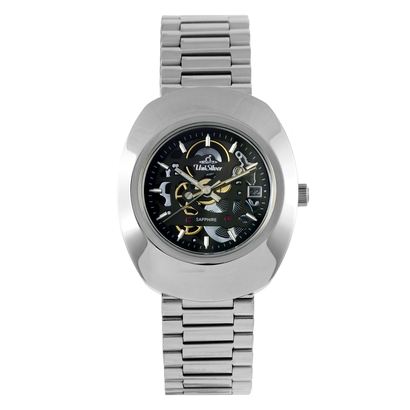 UniSilver TIME Men's Sapphire Silver/Black w/ Visible Mechanism & Date ...