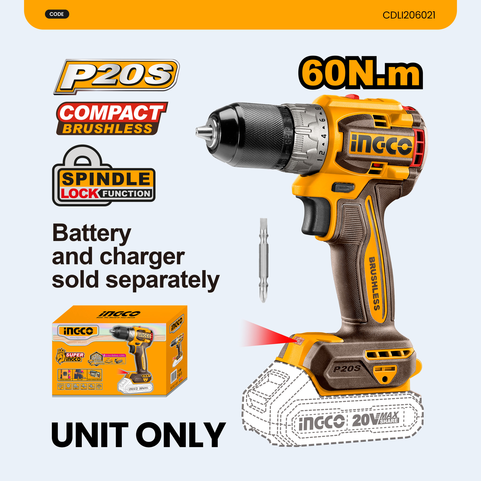 Ingco Brushed / Brushless 20V Cordless Drill Driver Rechargeable ...