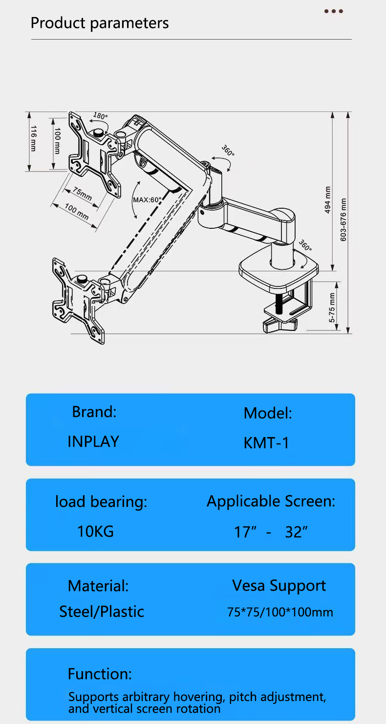 Inplay KMT-1 Single Monitor Stand Mount Arm Gas Spring Adjustable Monitor Bracket For 13-32 ...