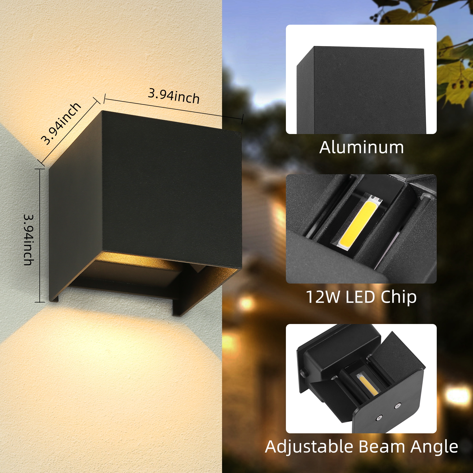 Square LED Wall Light Adjustable Lighting 12W 6W Waterproof Outdoor ...