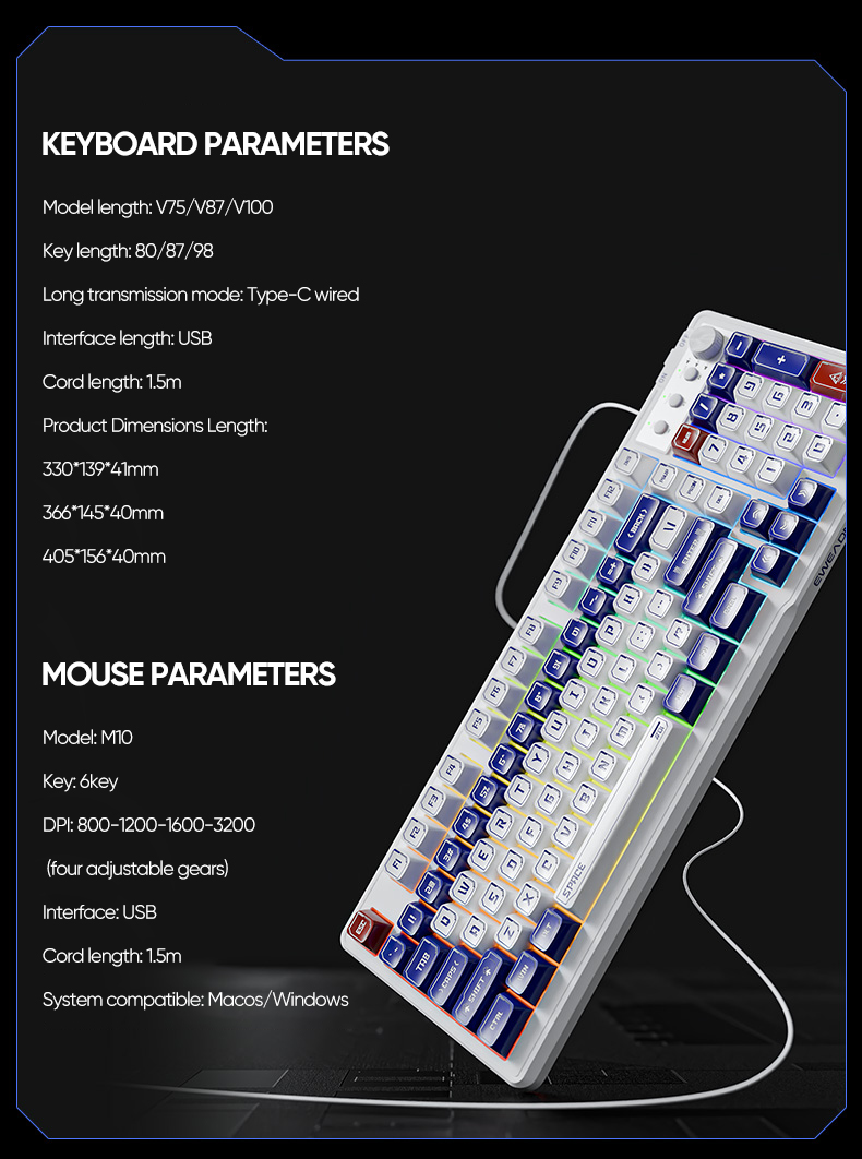 V100 98-key RGB wired keyboard with RGB lighting, mecha style design ...