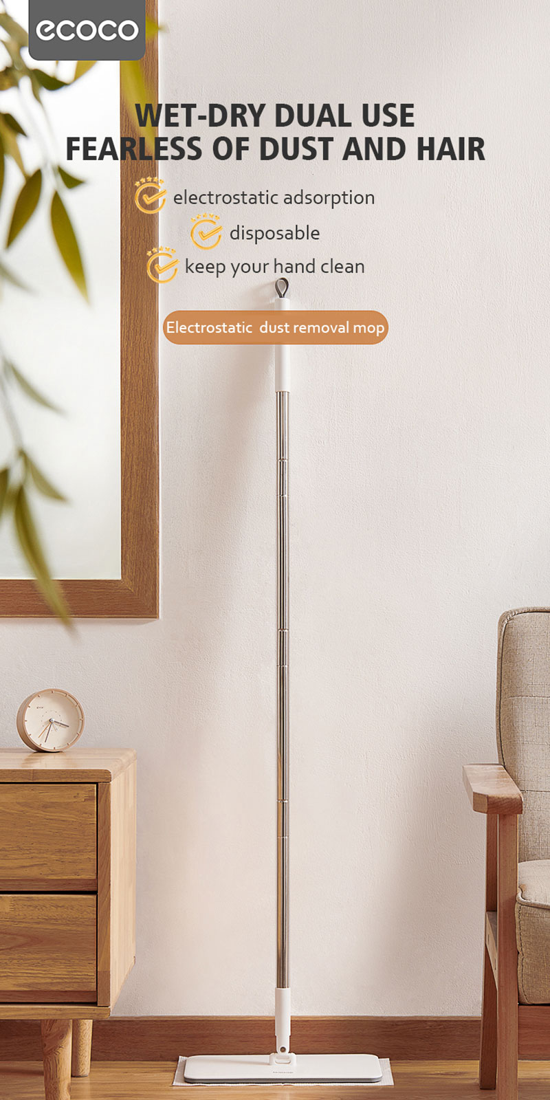 Ecoco Electrostatic Dust Removal Mop Disposable Flat Mop with Dry/Wet ...