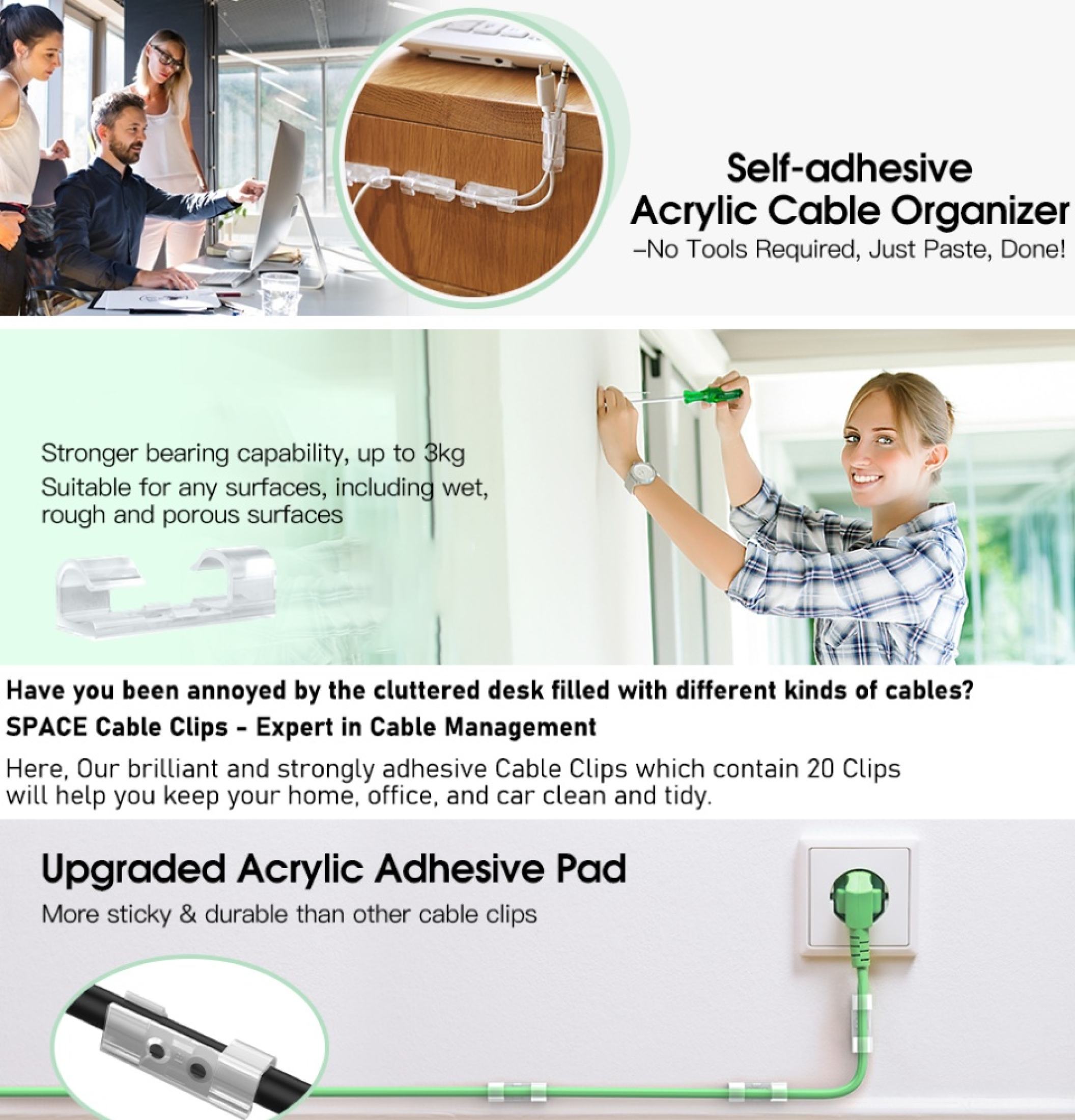 20PCS Cable Organizer Clips Cable Management Desktop &Workstation Wire ...