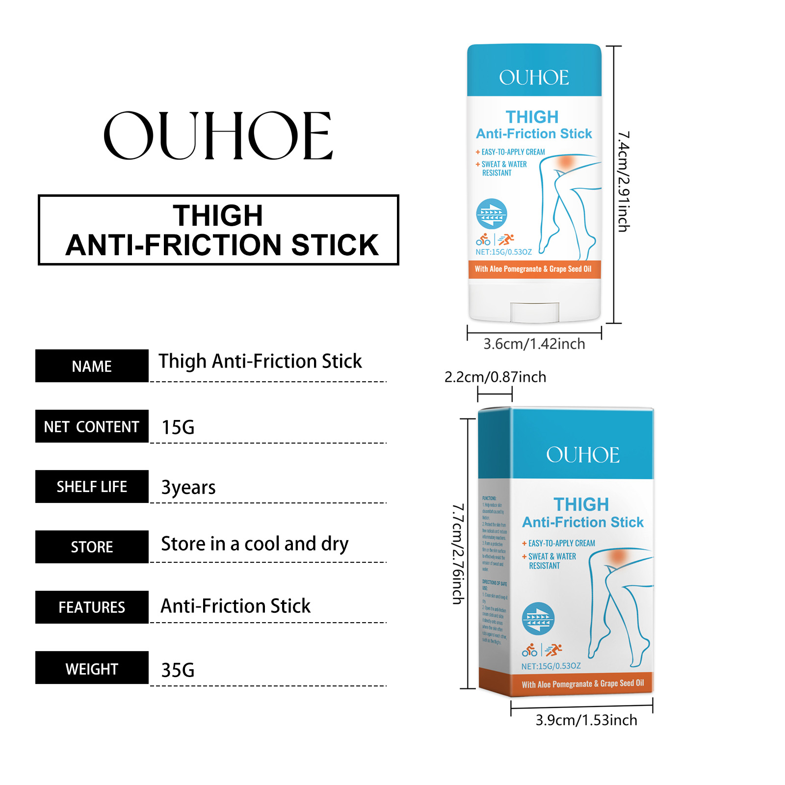 OUHOE Thigh Anti-Friction Stick 15g Anti Chafe Balm Glide Chafing Thigh ...