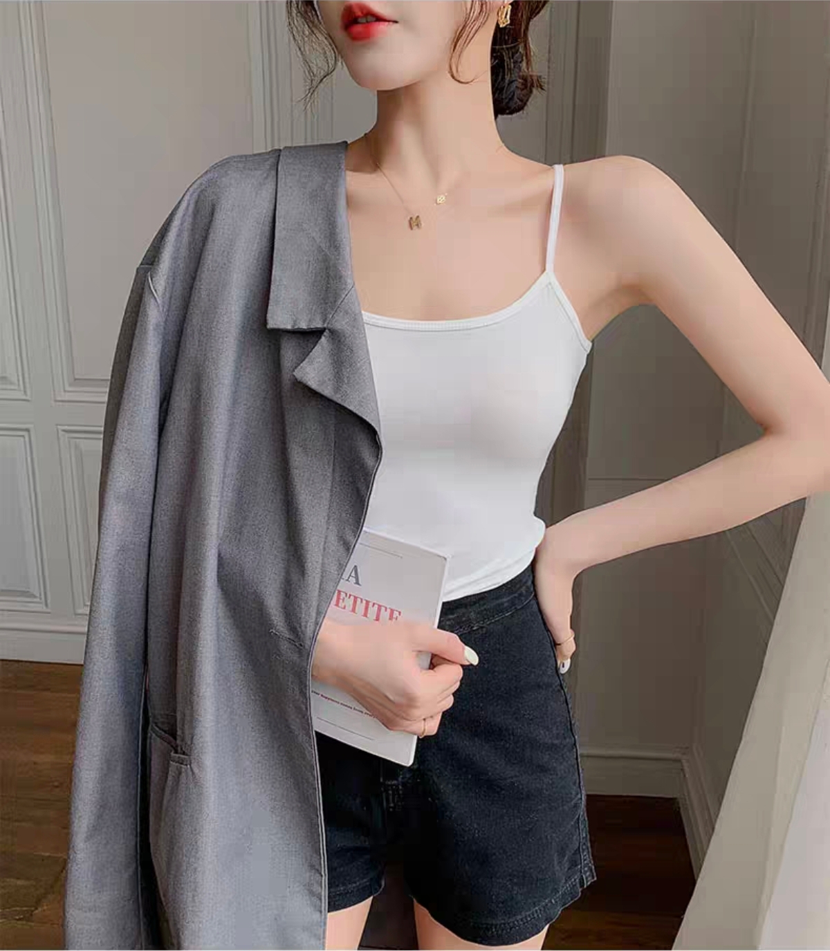 Women's Strap Spaghetti Sando with Breast Pads Cotton Sleeveless Cami ...