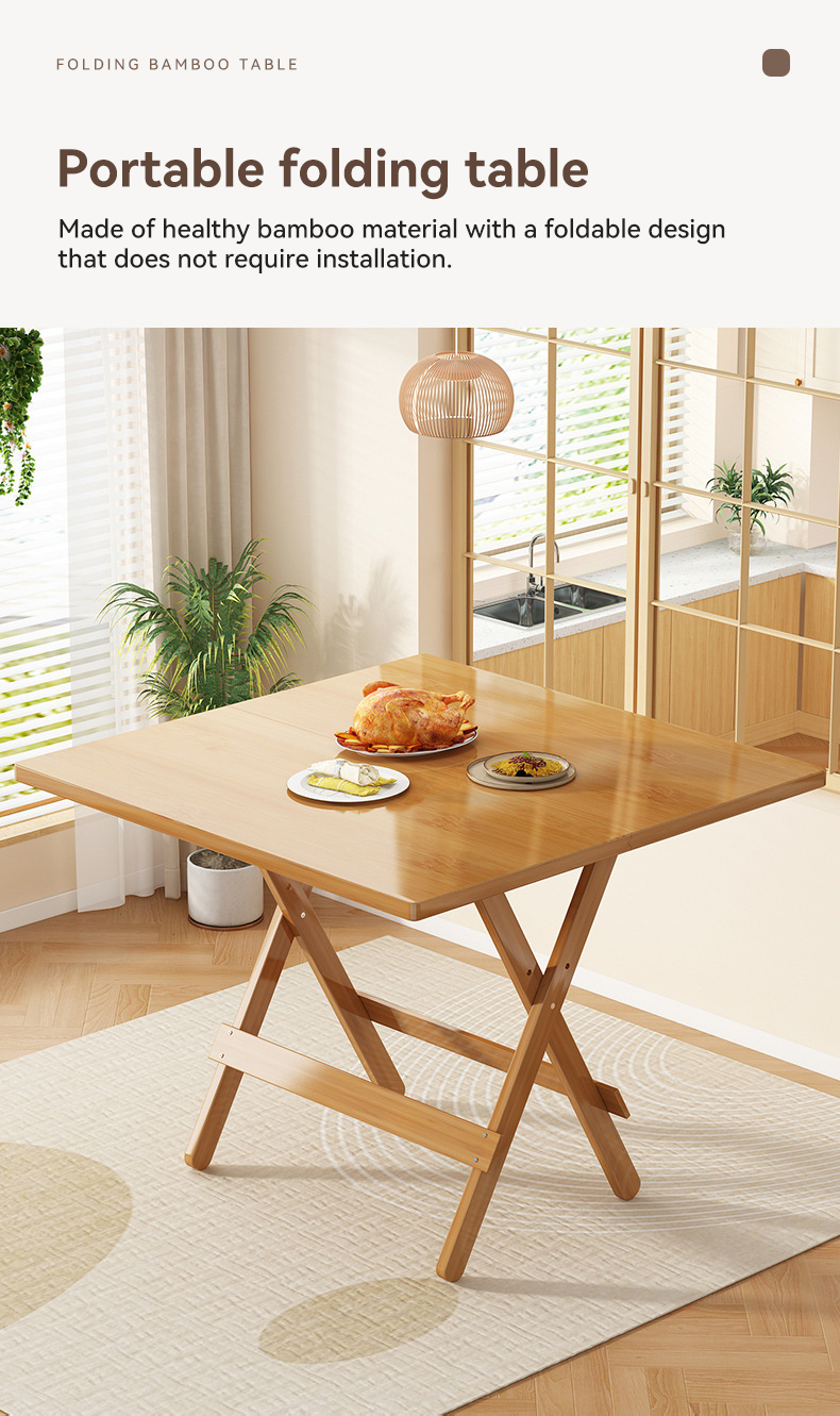 [Foldable]Bamboo Dining Table Folding table household outdoor portable Desk Home square table ...