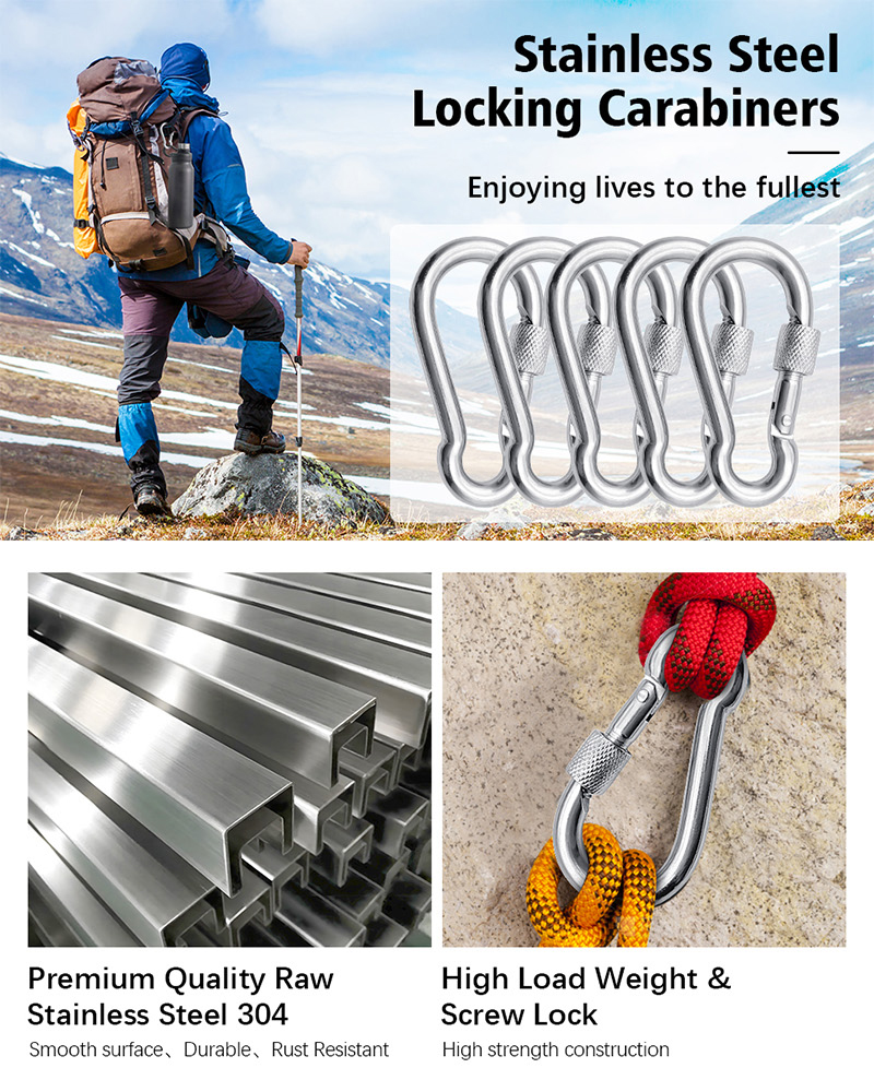 304 Stainless Steel Lock Carabiner Hook Snap Clip Galvanized Metal ...