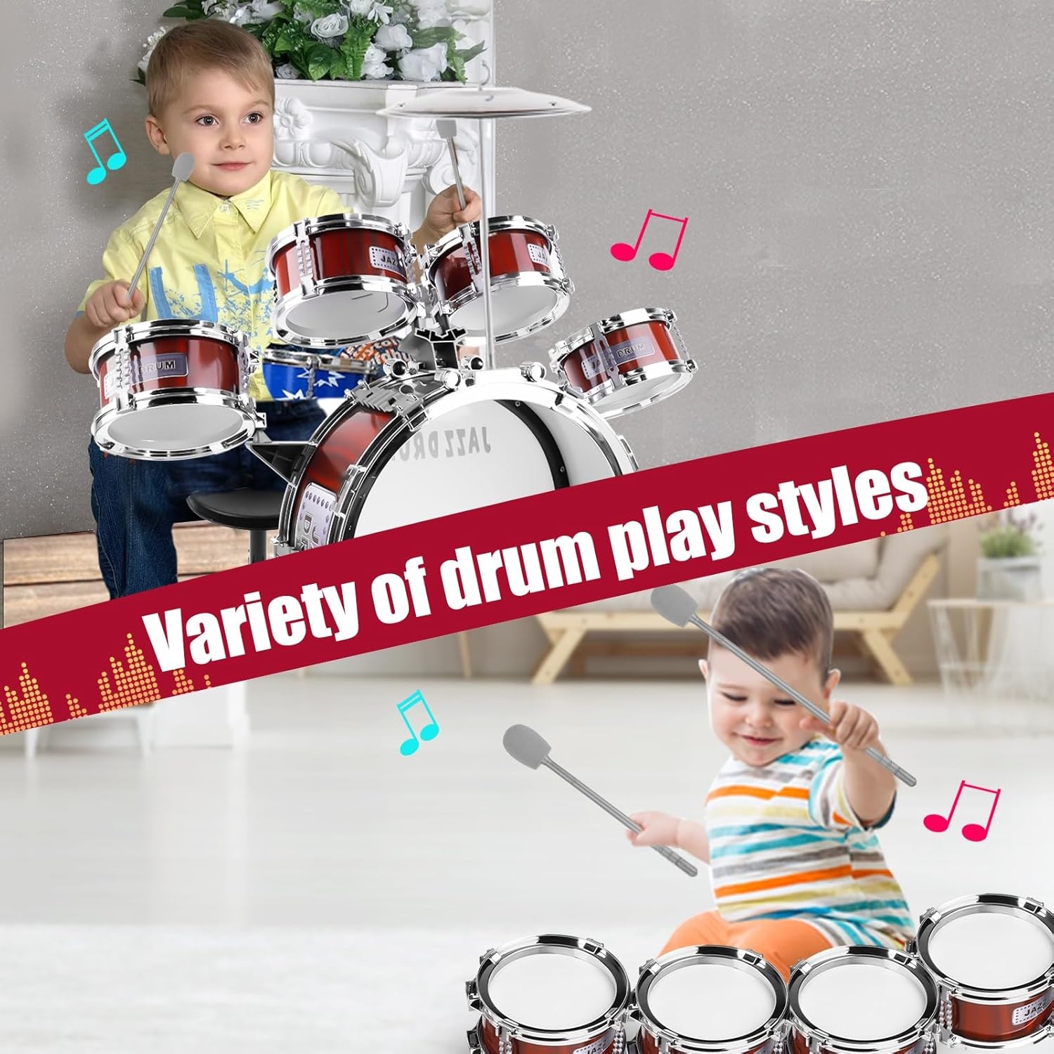 Toddler Drum Kit Kids Toy Jazz Drum Set 5 Drums with Stool Birthday ...